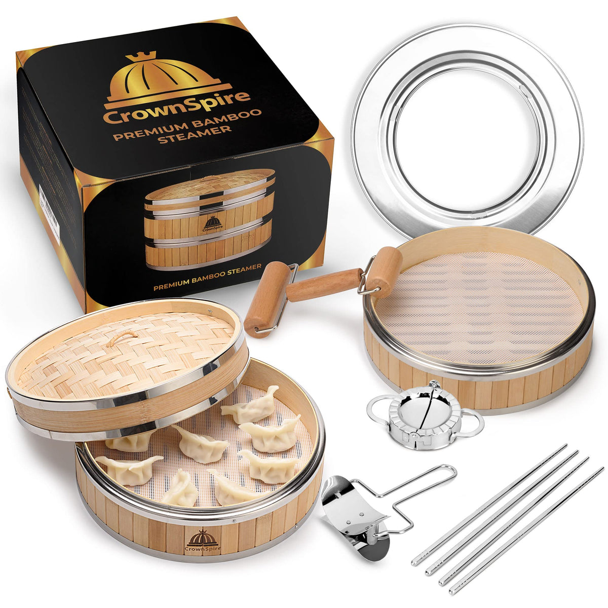 CrownSpire 2-Tier Bamboo Steamer — Complete Dumpling & Veggie Kit with ...