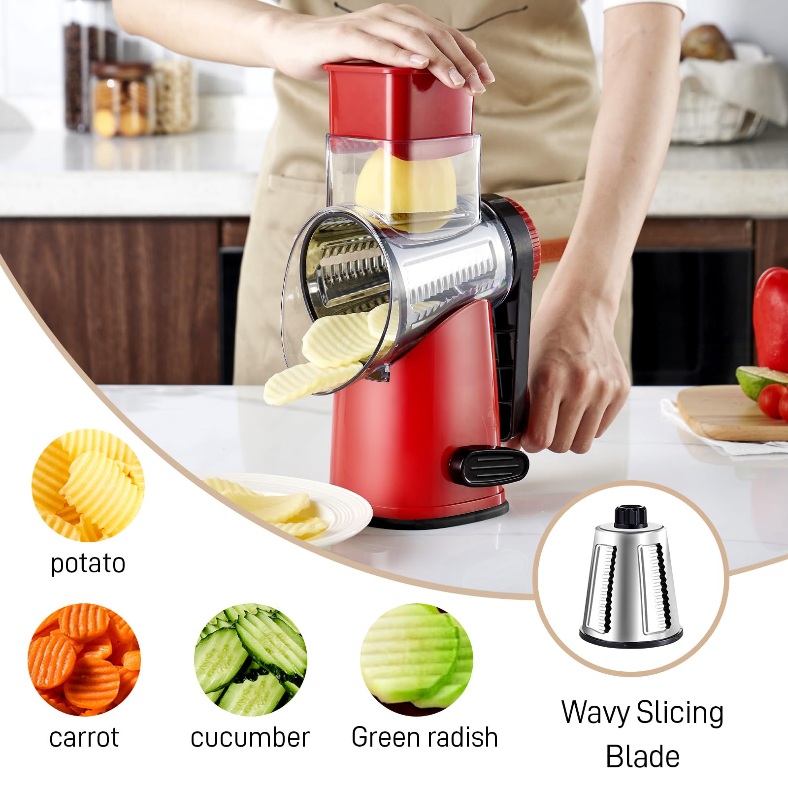 Weltonhm Rotary Cheese Grater with 4 Blades – Hand Crank, Suction Base ...